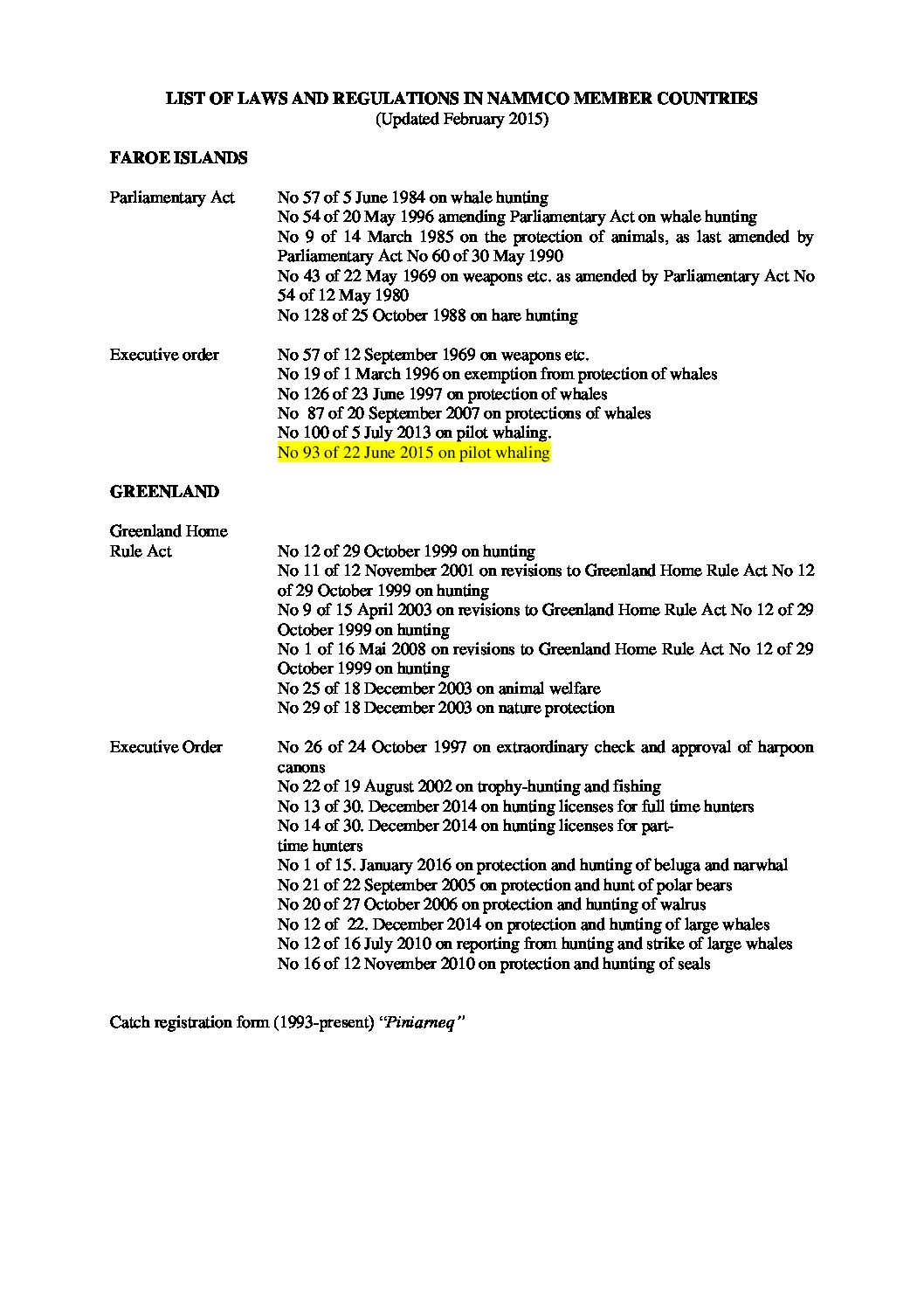 3 List of Laws and Regulations in NAMMCO Member Countries - NAMMCO
